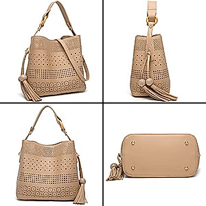 Downupdown 2PC Handbags and Purse for Women Hollow Out Leather Top Handle Handbag Tassel Beach Bag Tote Bags Hobo Purses Set-Pink