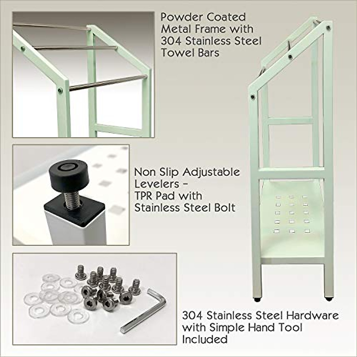 Asta Freestanding 3-Tier Towel Rack with Stainless Steel Towel Bars and Storage Shelf. Powder-Coated Metal Organizer with Adjustable TPR Levelers for Bath, Towels and Much More. B502 (Light Sage)