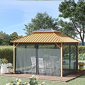 WXBDD 12' x 10' Hardtop Gazebo Steel Canopy Outdoor Pergola with Aluminum Frame and Netting for Patios, Gardens, Lawns