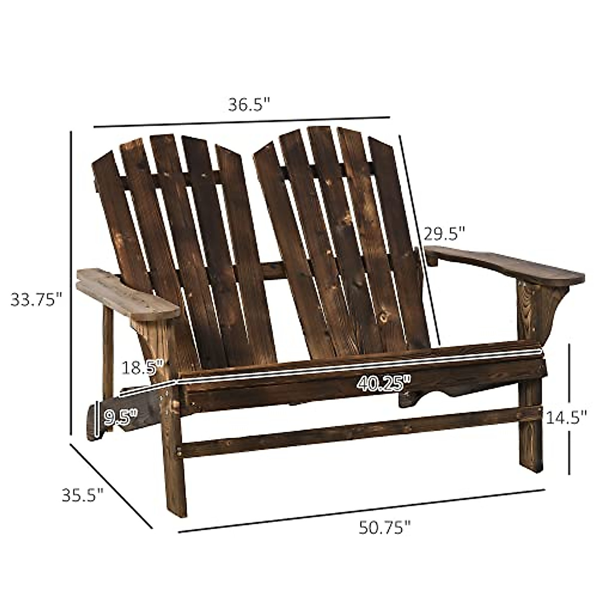 Outsunny 2 Person Adirondack Loveseat, Fire Pit Chair for 2, Wooden Double Adirondack for Patio, Porch, Backyard, Garden with High-Back, Wide Armrests, Brown