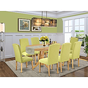 HomeStock Lakeside Living 9 Pc Kitchen Set for 8 Dining Table with Leaf and Eight Parson Chair with Oak Leg and Linen Fabric Limelight