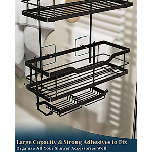 Consumest 3-Tier Hanging Shower Caddy Over the Door, Large Capacity Hanging Shower Organizer With 2 Soap Holder & 8 Hooks Rustproof Easy Installation Over Door Shower Shelf for Bathroom, Black