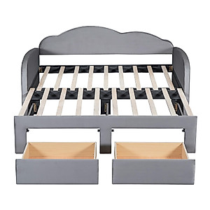 XD Designs Elegant Twin to King Size Upholstered Daybed with Extendable Trundle and 2 Drawers, Velvet Upholstery Daybed Sofa Bed with Cloud-Shaped Backrest, Maximize Space (Grey-VL)