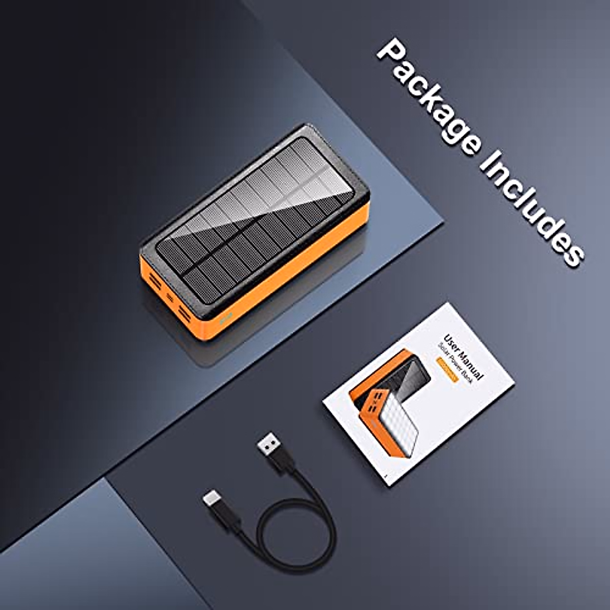Solar Charger Power Bank, 60000mAh Portable Charger Compatible with iPhone, Cell Phone, 32 LEDs External Battery Pack for Outdoor Camping, Home Emergency, 4 Output& 2 Input Ports (Orange)