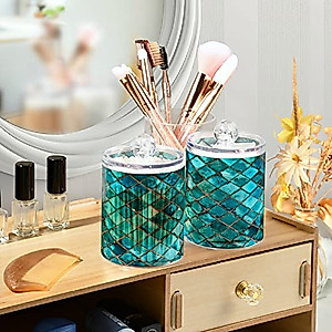 MCHIVER Teal Mermaid Bathroom Canisters Organizer 2 Pack Clear Plastic Jars with Lids 10 Oz Vanity Organizer for Cotton Round Pads Ball Swab Floss