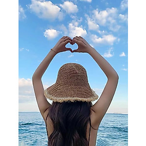 Floppy Straw Sun Hat for Womens Foldable Packable Wide Brim Summer Beach Hat Crochet Frayed Bucket Hat (M, Khaki)