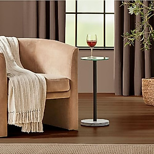 mDesign Glass Top Side/End Drink Table - Small Modern Round Accent Metal Nightstand Furniture for Living Room, Dorm, Home Office, and Bedroom - 9" Round - Clear/Matte Black/White Marble Print