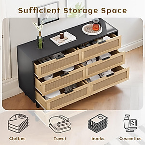 NTYUNRR Black Rattan Dresser, 6 Drawer Double Dresser for Bedroom, 51.18" Rattan Dresser for Closet, Rattan Storage Cabinet Rattan Drawer with Metal Handles, for Living Room, Black M
