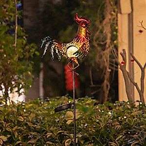 Tryme Solar Lights Outdoor Decorative Rooster Garden Decor Chicken Crackle Glass Globe Stake Lights Waterproof Warm White LED Yard Decor for Pathway Lawn Patio Courtyard Backyard