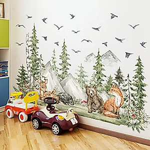 Amaonm 4 Sheet of 12x36 inch Giant Mountain Forest Tree Wall Decal Woodland Deer Bear Fox Birds Wall Stickers 3D DIY Peel and Stick Jungle Wild Animal Pine Wall Decor for Kids Boys Bedroom Playroom Living Room Classroom Decoration (Pine)