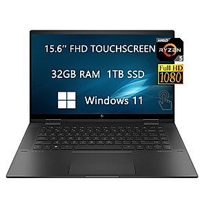 HP Envy x360 15 FHD 2-in-1, Touchscreen Laptop, 2023 Newest Upgrade, AMD Ryzen 5 5625U, 32GB RAM, 1TB SSD, Backlit Keyboard, HDMI, Fast Charge, Windows 11, School and Business Ready, ROKC HDMI Cable