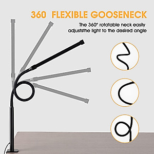 LIBORA LED Desk Lamp with Clamp, Dimmable Clip Light for Home Office, 3 Modes 10 Brightness, Long Flexible Gooseneck, Eye-Caring, Architect Table Task Lamps with USB Adapter, Black
