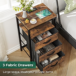 Huuger Nightstand with Charging Station, 27.6 Inch Bedside Table with Fabric Drawers, End Table Side Table with USB Ports and Outlets, Night Stand for Bedroom, Rustic Brown