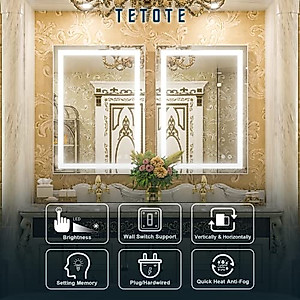 TETOTE 20 x 28 LED Bathroom Mirror with Lights White/Warm/Natural,Dimmable,CRI90,IP54 Waterproof,Wall Mounted,Anti-Fog,Vanity Mirror(Horizontal/Vertical)