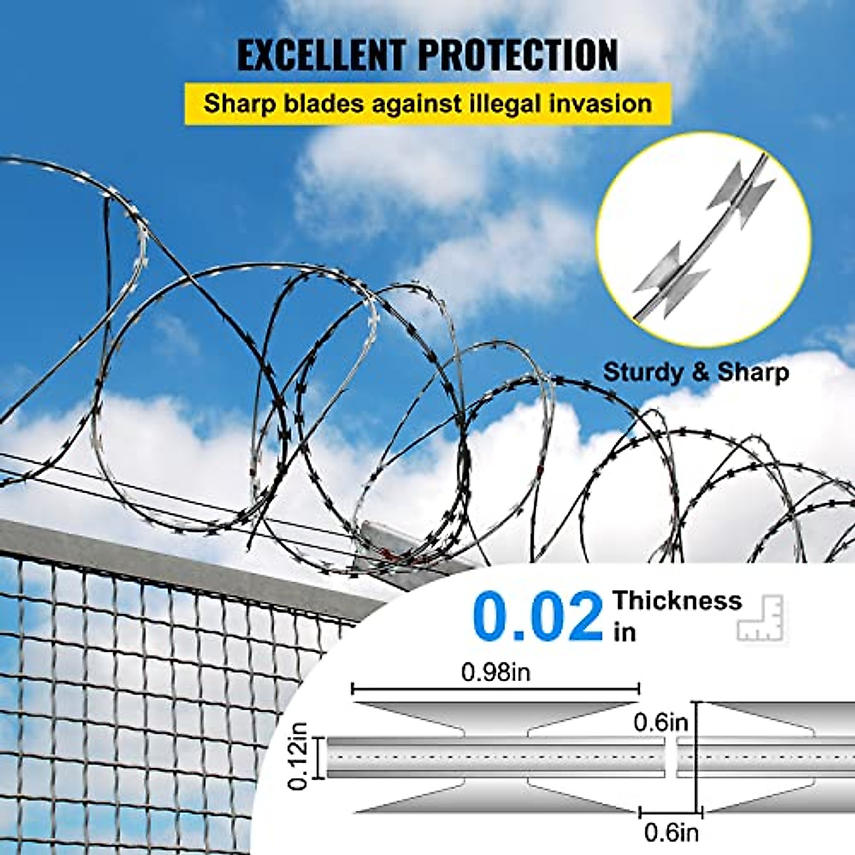 VEVOR 98FT Razor Wire, 98 FT, Sliver