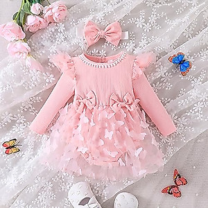 IDOPIP Baby Girls Butterfly Tutu Dress Ruffle Long Sleeve Romper with Butterfly Tutu Skirt and Bowknot Headband 2PCS Infant Girls 1st Birthday Outfit Winter Fall Dress Clothes Pink 3-6 Months