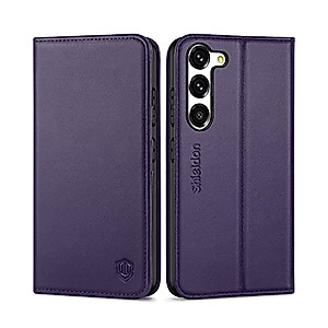 SHIELDON Wallet Case for Galaxy S23 5G 2023, Genuine Leather Folding Wallet Case with Kickstand RFID Blocking Card Slots Magnetic Shockproof Phone Cover Compatible with Galaxy S23 6.1" - Purple