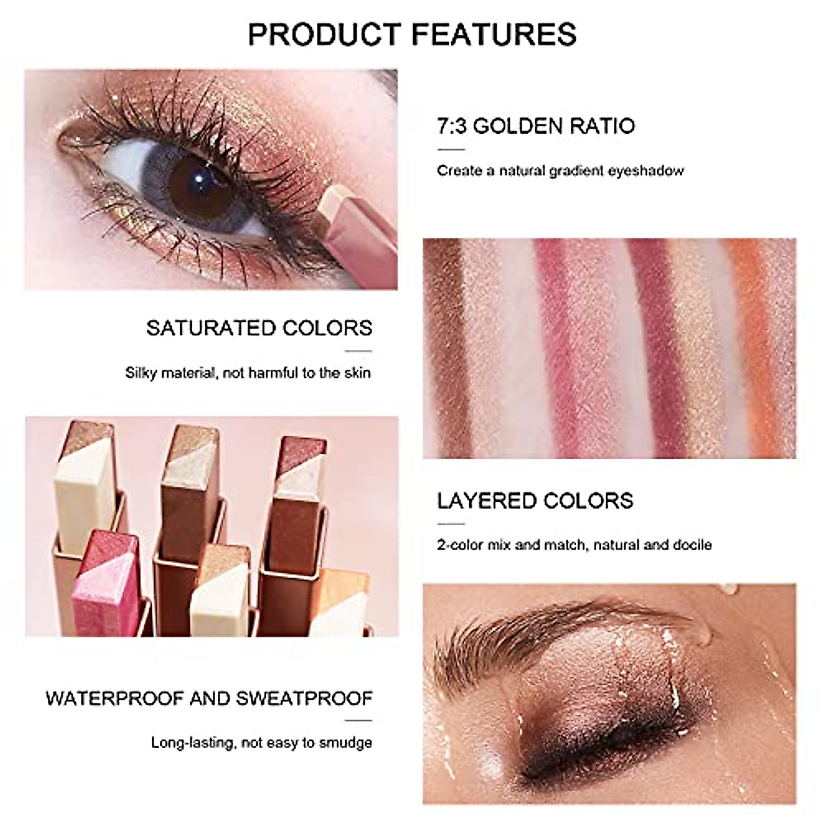 LOKFAR 12 Colors Glitter Eye-shadow Stick Set, Two-Tone Shimmer Gradient Eyeshadow Stick Double Colors Eyeshadow Stick Waterproof Glitter Eye Stick Eyeshadow Pen for Women Eye Makeup (6 Pcs)