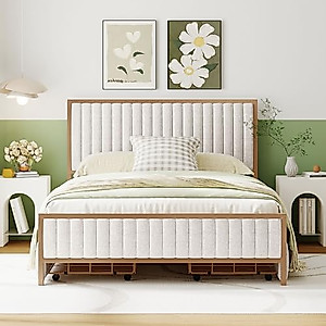 SIYSNKSI Full Size Metal Frame Upholstered Bed with 4 Drawers, Linen Fabric Platform Bed with Metal Slats Support and Headboard, Storage Platform Bed for Kids Teens Bedroom (Beige + Linen-C14)