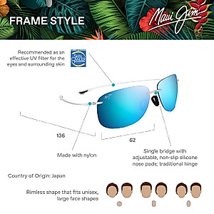 Maui Jim Men's and Women's Hikina Polarized Rimless Sunglasses, Crystal Matte/Blue Hawaii, Large