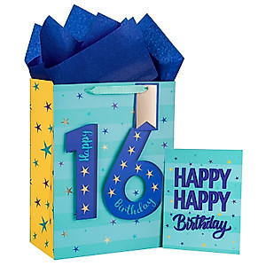 Loveinside Birthday Blue Gift Bag with Tissue Paper, Gift Tag and Greeting Card for Birthday, Party, Baby Shower and More - 10" x 5" x 13", 1 Pcs - 16 Years Old Birthday Boy