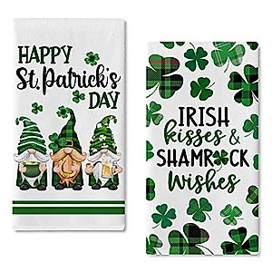 Seliem Happy St. Patrick's Day Gnome Clover Kitchen Dish Towel Set of 2, Irish Kisses Shamrock Wishes Hand Towel Green Check Drying Baking Cooking Cloth, Spring Holiday Home Kitchen Decor 18x26 Inches