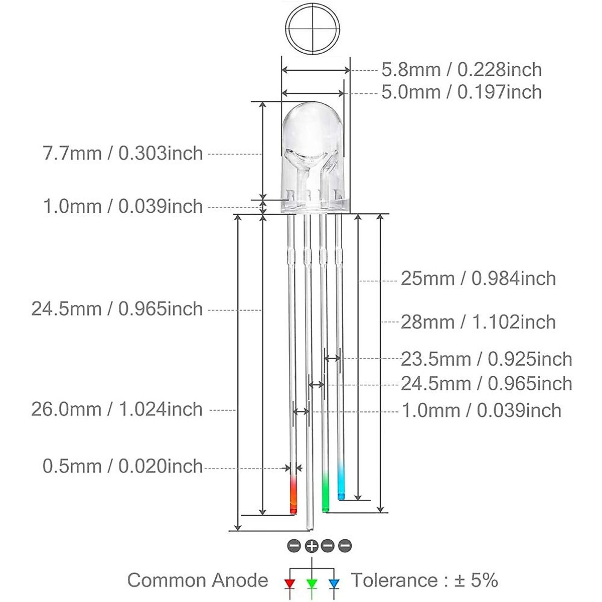 DAOKI 100Pack 5mm LED Light Emitting Diode Common Anode 4Pin RGB Tri-Color(Red/Green/Blue) Clear Transparent Round LED Lamps Buld for Arduino, PCB