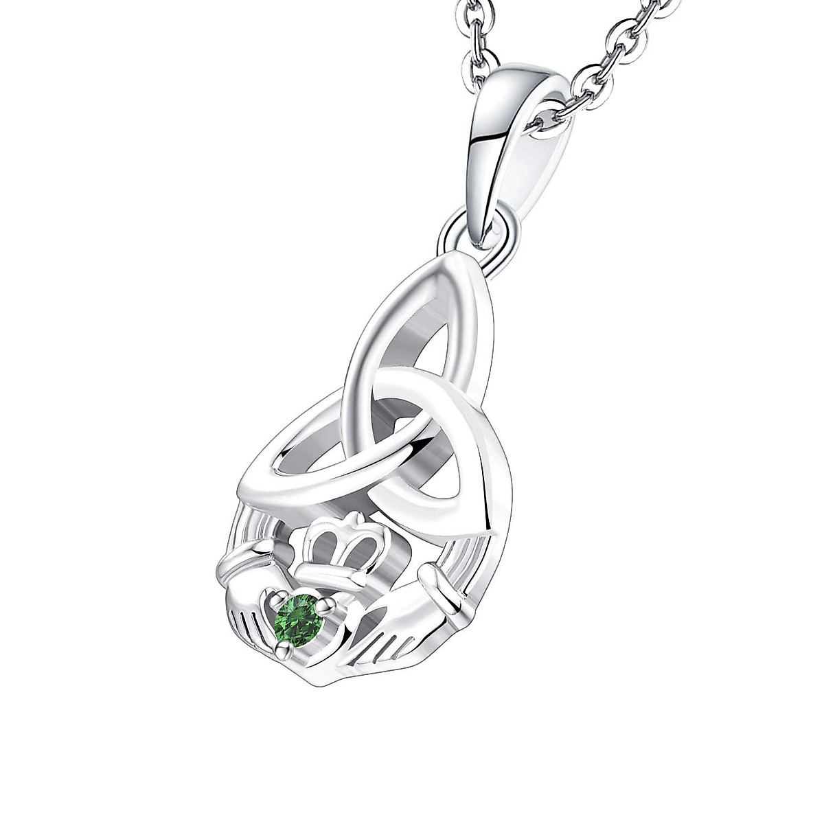 JO WISDOM 925 Sterling Silver Irish Celtic Heart Claddagh Pendant Necklace with Emeral Birthstones