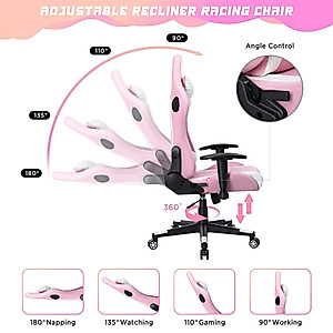 Gaming Chair with Bluetooth Speakers RGB LED Lights, Music Video Game Chair, Ergonomic PU Leather High Back Computer Chair, Adjustable Reclining Racing Office Swivel Chair for Adult Teens, Pink