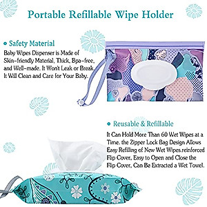 FEBSNOW 2 Pack Baby Wipe Dispenser,Reusable Portable Wipe Holder,Baby Wipes Container,Travel Baby Wipes,Refillable Wet Wipe Pouch(Floral)