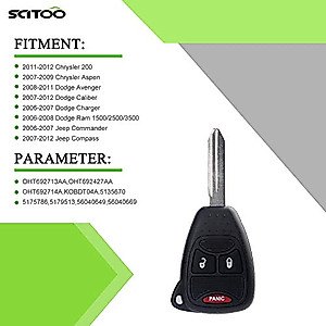 SCITOO 2pcs Key Fob Keyless Entry Remote Control 3 Buttons fit for Dodge Dakota Durango 04-08 for Jeep Compass Patriot 07-12 56040669 KOBDT04A