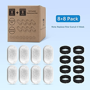 subteenmate Cat Water Fountain Filters 8 Packs Filters & 8 Sponges Foam Filters for Stainless Steel 108oz/3.2L & 67oz/2L