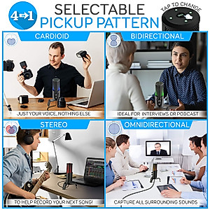 Pyle Selectable Pickup Pattern RGB USB Microphone - 4 Recording Modes Cardioid, Bidirectional, Stereo, Omnidirectional - Condenser Audio Mic w/LED Lights for Gaming Podcasting Studio PC, and Mac