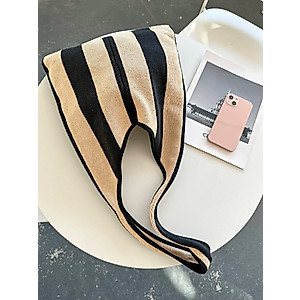 ENBEI The tote bags for women aesthetic Shoulder HandbagsShoulder Shopping Bag crocheted Bags large large tote Bag cute (Black khaki stripes)