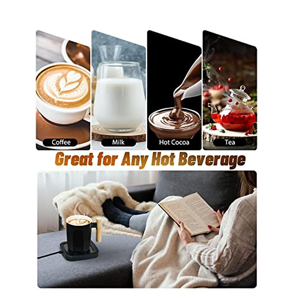 HOWAY Flat Bottom Mug with Wood Lid, Ceramic Tea Cup for Coffee Warmer, Flat Bottomed, Wooden Handle, 14oz