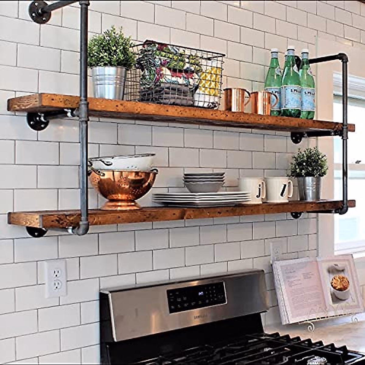 Melody House Industrial Pipe Shelving Wall Mounted Rustic Floating Shelves Iron Shelves for Wall DIY Bookshelf Brackets for Home Kitchen Office (4 Tier, 2 Pcs, 37” Tall, 12” Deep)