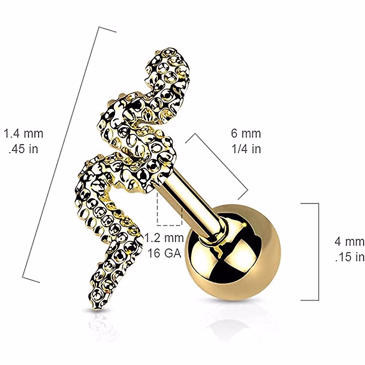 Covet Jewelry 316L Surgical Steel Snake Cartilage Barbell (Gold)