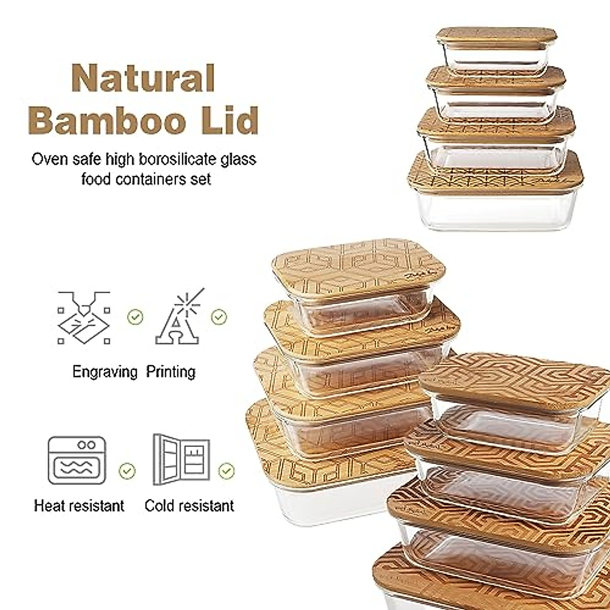 Delight King Glass Containers with Bamboo Lids, Set of 4 Glass Food Storage Containers with Wooden Lids, Non Toxic, Non Plastic, Fridge and Microwave Safe, Eco Friendly, Leaf Printed Wood Lid Design