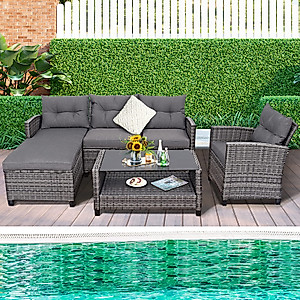 Tangkula 4 Pieces Rattan Conversation Set, Patiojoy Outdoor Furniture Set with Cushions, Lounge Sofa Set with Coffee Table, Patio Sectional Sofa Set for Patio Garden Poolside Backyard (Gray)