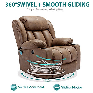 MEETWARM Massage Swivel Rocker Recliner with Heat and Vibration, Manual Glider Rocking Recliner Chair, 360°Swivel Lounge Reclining Chair with USB Ports/Cup Holder/Remote Control(Brown)