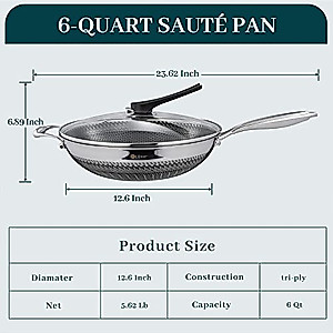 DELUXE Wok and Stir-Fry Pan, Nonstick Honeycomb Pan Kitchen Cookware with Lid, Induction Gas Stove, Suitable for Cooking, Saute, Skillet, Dishwasher and Oven Safe (12.6INCH 316 Stainless steel)