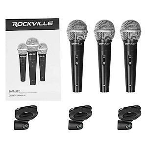Rockville RMC-3PK 3 Pack Metal Wired Vocal/Instrument/DJ Microphones+Metal Case, Black