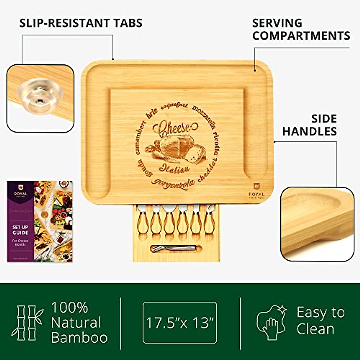 ROYAL CRAFT WOOD Extra Large Cheese Board - Bamboo Cheese Board and Knife Set - Bread & Butter Plates, Charcuterie Platter & Serving Tray, Wedding Gifts (17.5" x 13")