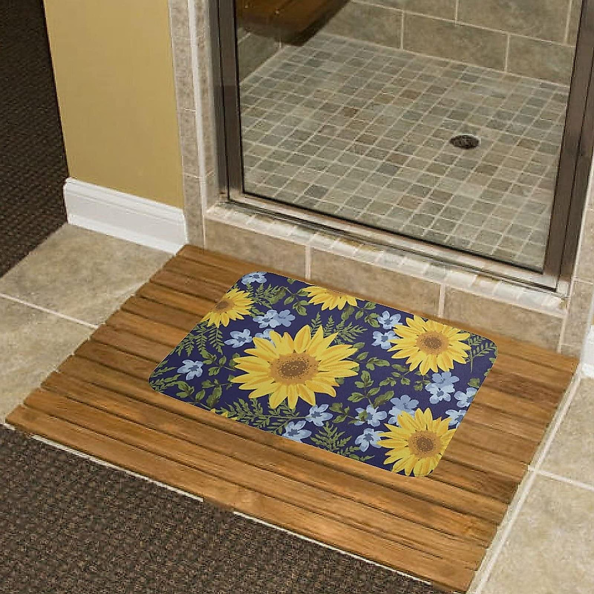 Bath Mat Sunflowers Floral Blue Yellow Flowers Home Decor Durable Welcome Front Door Mats Entryway Rugs Non-Slip Floor Mat Entrance Rugs Bath Rug Kitchen Rugs 18 x 30 in