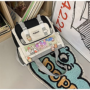 Aesthetic Messenger Bag with Stuffed Pendant and Pins Kawaii Crossbody School Hobo Bag for Women Girls (B-1-Black)