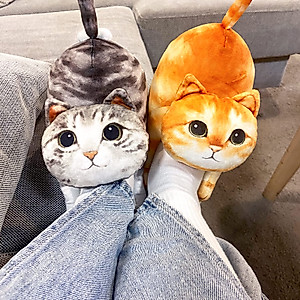 Funny Cat Slippers for Women, Kawaii Bedroom Fuzzy House Slippers,Indoor and Outdoor Animal Slippers,Cozy Non-Slip,Christmas Cat Gifts for Cat Lovers Gifts For Women/Men's/Girls (Grey Cat)