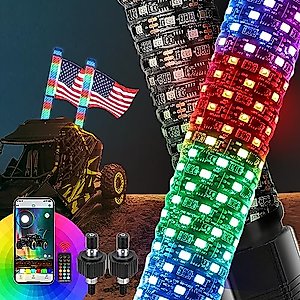 CO LIGHT Fat Spiral LED Whip Lights Thick Antenna 2FT Remote Control RGB Chasing/Dancing Light for UTV ATV 2PCS, APP-Supported 300 Colors & 200 Modes with Turn Signal, Brake Light, Reversing Light