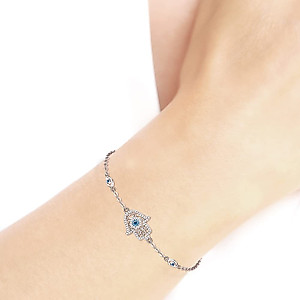 Hamsa Hand Evil Eye Bracelet for Women Sterling Silver Dainty Cute Crystal Round Blue Evil Eye Fatima Bracelets