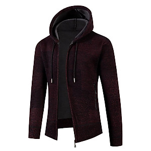 GDJGTA Lightweight Jackets for Men Winter Long Sleeved Plus Velvet Solid Color Hooded Sweater Cardigan Outerwear (Wine, XL)