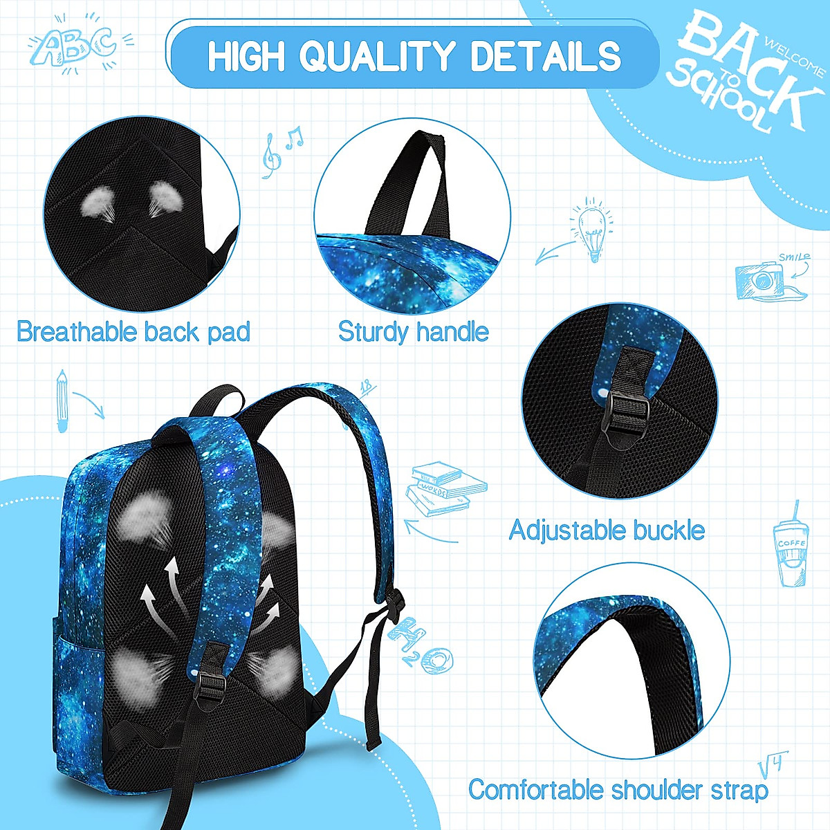 Qlonrewt Boys Girls Backpack for School, 17 Inch Aesthetic Laptop Backpacks for Travel Elementary College Middle High School, Large Capacity Bookbag School Bag Casual Daypack(Galaxy Blue)